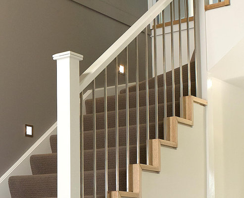 Wrought Iron Staircase VK80S  Wrought Iron Handrail Tread Beech ,Railing tempered glass, Handrail b eech Stringer,carbon