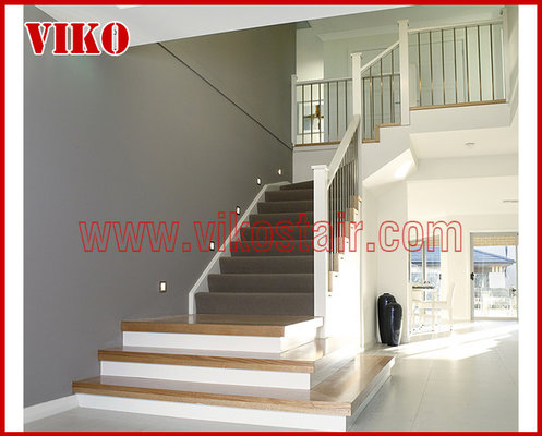 Wrought Iron Staircase VK80S  Wrought Iron Handrail Tread Beech ,Railing tempered glass, Handrail b eech Stringer,carbon
