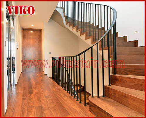Wrought Iron Staircase VK85S  Wrought Iron Handrail Tread Beech ,Railing tempered glass, Handrail b eech Stringer,carbon