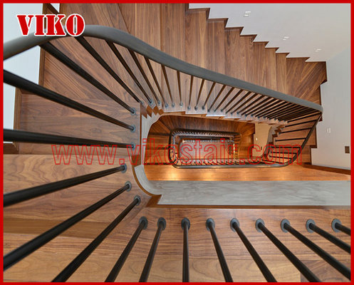 Wrought Iron Staircase VK85S  Wrought Iron Handrail Tread Beech ,Railing tempered glass, Handrail b eech Stringer,carbon