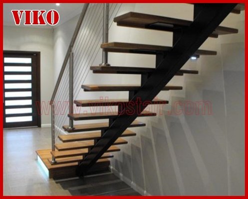 Steel Cable Stair VK87SC   304 Stainless Steel  Handrail  Treed American Oak Carbon Powder-coate Aluminum Wooden