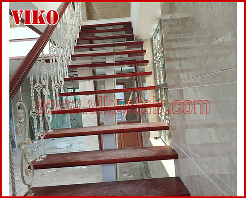 Wrought Iron Staircase VK100S  Wrought Iron Handrail Tread Beech,Railing tempered glass, Handrail b eech Stringer,carbon