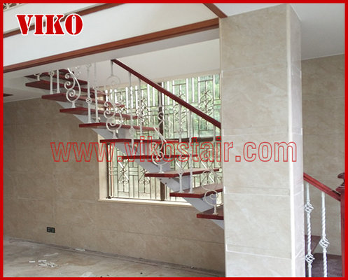 Wrought Iron Staircase VK100S  Wrought Iron Handrail Tread Beech,Railing tempered glass, Handrail b eech Stringer,carbon