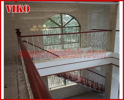 Wrought Iron Staircase VK100S  Wrought Iron Handrail Tread Beech,Railing tempered glass, Handrail b eech Stringer,carbon