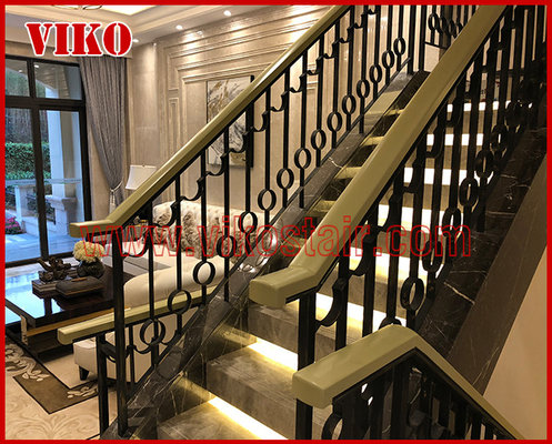 Wrought Iron Staircase VK102S  Wrought Iron Handrail Tread Beech,Railing tempered glass, Handrail b eech Stringer,carbon