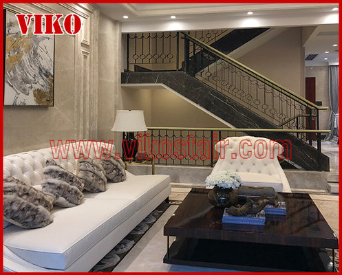 Wrought Iron Staircase VK102S  Wrought Iron Handrail Tread Beech,Railing tempered glass, Handrail b eech Stringer,carbon