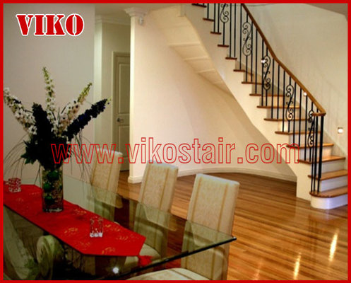 Wrought Iron Staircase VK105S  Wrought Iron Handrail Tread Beech,Railing tempered glass, Handrail b eech Stringer,carbon