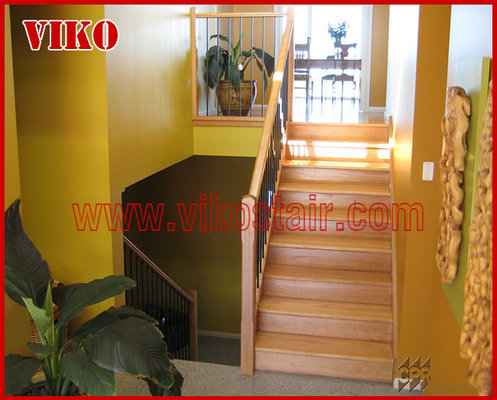 Wrought Iron Staircase VK110S  Wrought Iron Handrail Tread Beech,Railing tempered glass, Handrail b eech Stringer,carbon