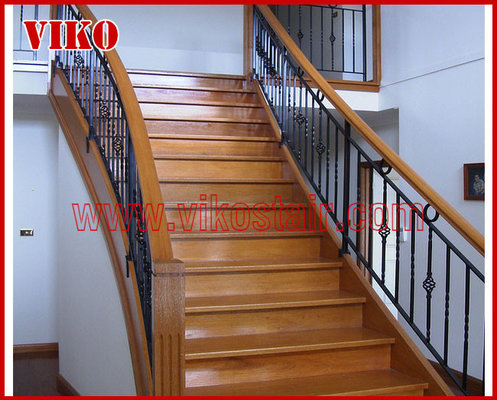 Wrought Iron Staircase VK111S  Wrought Iron Handrail Tread Beech,Railing tempered glass, Handrail b eech Stringer,carbon