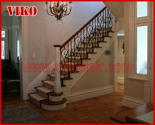 Wrought Iron Staircase VK115S  Wrought Iron Handrail Tread Beech,Railing tempered glass, Handrail b eech Stringer,carbon