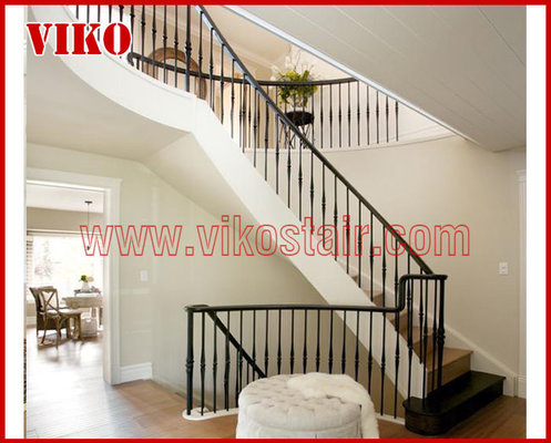Wrought Iron Staircase VK119S  Wrought Iron Handrail Tread Beech,Railing tempered glass, Handrail b eech Stringer,carbon