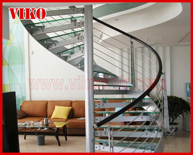 Spiral StaircaseVH11S  Spiral Stainless Steel Stair Tread Beech Curved Glass Handrail 304 Stainless Steel Railing Glass