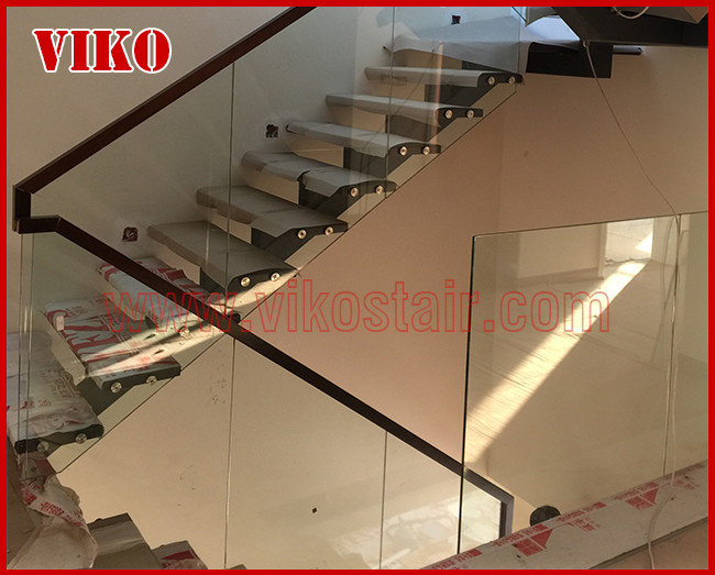 Straight Stringer Staircase VK10S Double Steel Plate Stair,304 Stainless Steel,Glass Tread,12mm Tempered Glass Railing,
