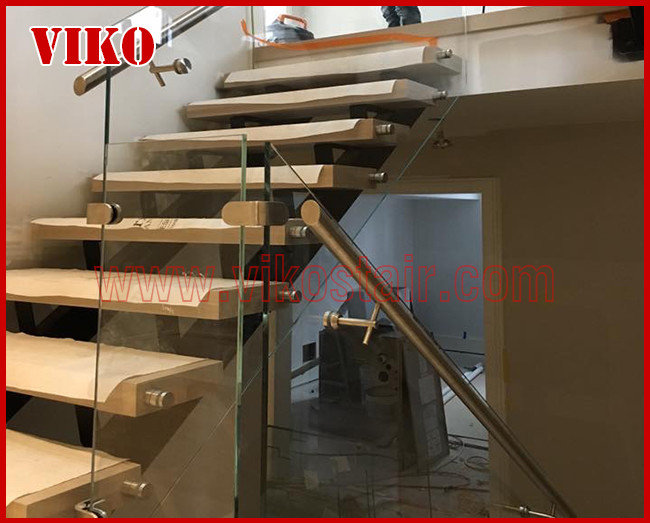 Straight Stringer Staircase VK13S Double Steel Plate Stair,304 Stainless Steel,Glass Tread,12mm Tempered Glass Railing,
