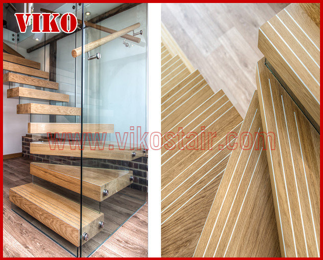 Floating Staircase VK58S  Tread beech ,Railing tempered glass, Handrail beech Stringer,carbon Tempered Glass,