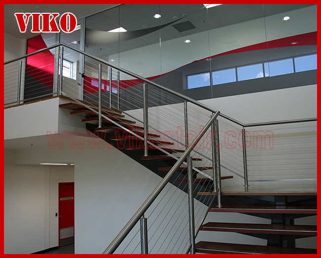 Steel Cable Stair VK68SC TreadAmerican Oak Aluminum Baluster Glass Handrail 304 Stainless Steel Carbon SteelPowder-coate