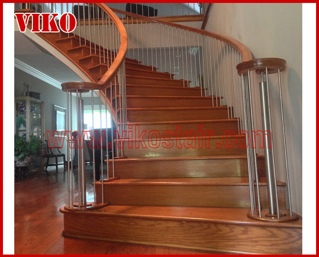Wrought Iron Staircase VK87S  Wrought Iron Handrail Tread Beech ,Railing tempered glass, Handrail b eech Stringer,carbon
