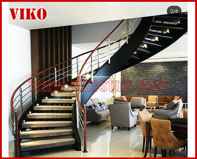 Wrought Iron Staircase VK98S  Wrought Iron Handrail Tread slate,Railing tempered glass, Handrail b eech Stringer,carbon