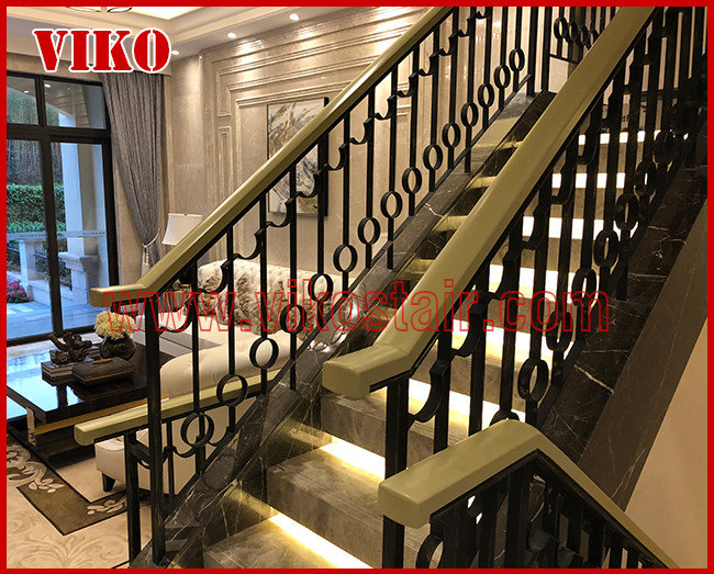 Wrought Iron Staircase VK102S  Wrought Iron Handrail Tread Beech,Railing tempered glass, Handrail b eech Stringer,carbon