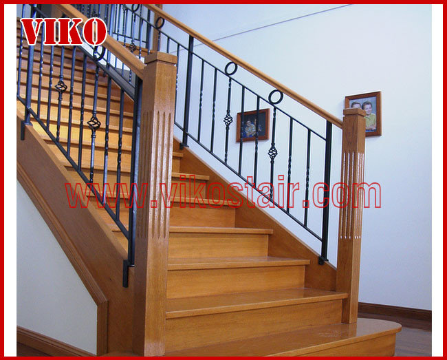 Wrought Iron Staircase VK111S  Wrought Iron Handrail Tread Beech,Railing tempered glass, Handrail b eech Stringer,carbon