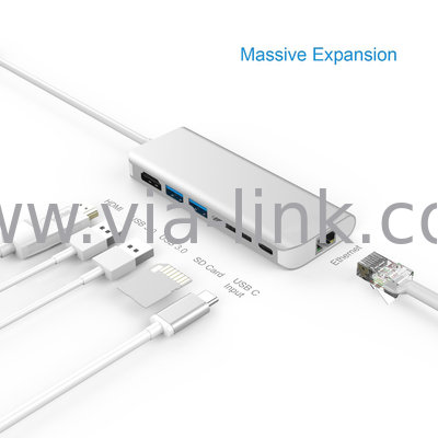 USB C Hub 6 in 1 Aluminum Multiport Adapter With USB-C Charging Port 3 USB 3.0 ports 4K  output for Macbook Pro