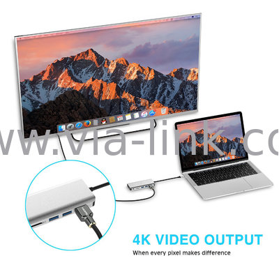 USB C Hub 6 in 1 Aluminum Multiport Adapter With USB-C Charging Port 3 USB 3.0 ports 4K  output for Macbook Pro