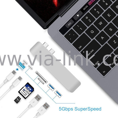 Aluminum TB 3 USB Type-C Hub Adapter Dongle for 2016/2017 MacBook Pro 13''and 15'' Most Compact