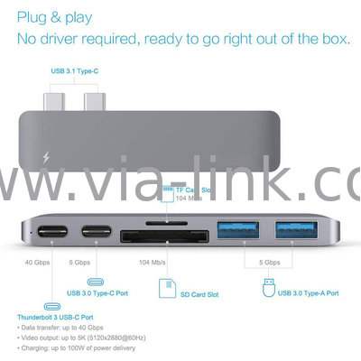 Aluminum TB 3 USB Type-C Hub Adapter Dongle for 2016/2017 MacBook Pro 13''and 15'' Most Compact