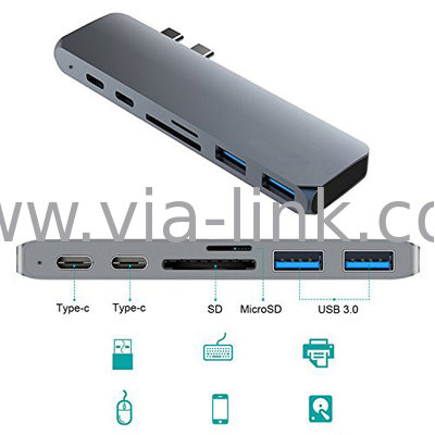 Wholesale 7 in 1 Dual USB-C HUB with 4K HD And Card reader Multiport HUB Adapter for Macbook Pro