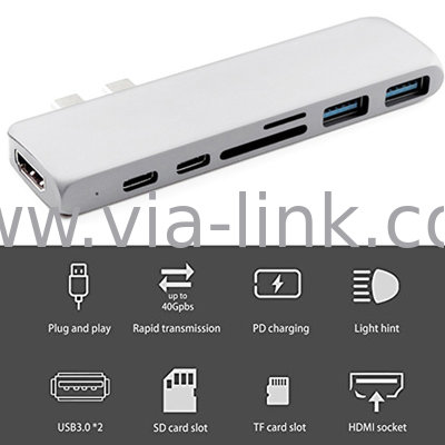 Wholesale 7 in 1 Dual USB-C HUB with 4K HD And Card reader Multiport HUB Adapter for Macbook Pro