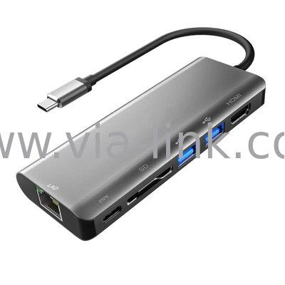 Aluminum Type C Adapter with  Port Gigabit Ethernet Port USBC Power Delivery 2 USB 3.0 Ports SD Card Reader for mac