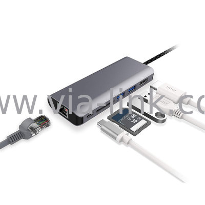 Aluminum Type C Adapter with  Port Gigabit Ethernet Port USBC Power Delivery 2 USB 3.0 Ports SD Card Reader for mac