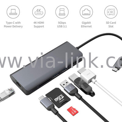 Aluminum Type C Adapter with  Port Gigabit Ethernet Port USBC Power Delivery 2 USB 3.0 Ports SD Card Reader for mac