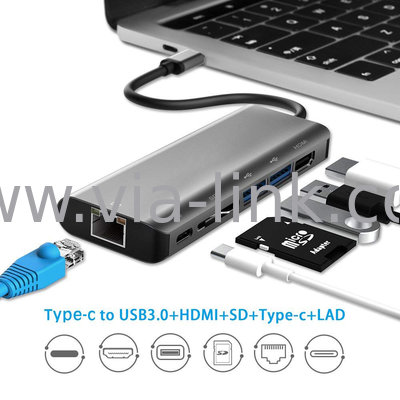 Aluminum Type C Adapter with  Port Gigabit Ethernet Port USBC Power Delivery 2 USB 3.0 Ports SD Card Reader for mac