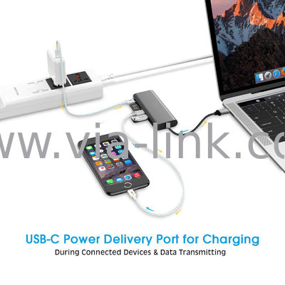 Aluminum Type C Adapter with  Port Gigabit Ethernet Port USBC Power Delivery 2 USB 3.0 Ports SD Card Reader for mac