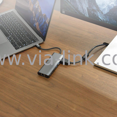 Aluminum Type C Adapter with  Port Gigabit Ethernet Port USBC Power Delivery 2 USB 3.0 Ports SD Card Reader for mac