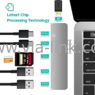 Dual USB-C Card Reader/ Hub EXCLUSIVELY for Apple Macbook Pro 2016 - 40GB/S Thunderbolt 3 (TB3) port