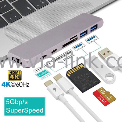 7-in-1 USB C Hub for 2016/2017 MacBook Pro 13” and 15”, Aluminum USB C Adapter with 40Gbs Thunderbolt 3,100W PD charging