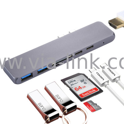 7 in 1 Dual Type-C Docking Station Thunderbolt 3 Hub with 100W Power Delivery,USB-C,4K for 2016/2017/2018 MacBook Pro