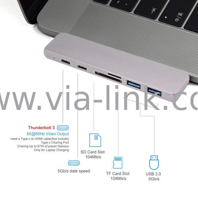 USB Type-C HUB Adapter, 7-in-1 Multi Port Dongle for 2016 and Later MacBook Pro 13” and 15” with 4K , Thunderbolt 3
