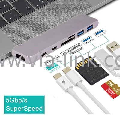 USB Type-C HUB Adapter, 7-in-1 Multi Port Dongle for 2016 and Later MacBook Pro 13” and 15” with 4K , Thunderbolt 3