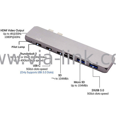 USB C Hub for New MacBook Pro 2016, 2017, 2018, 13" & 15" only, Thunderbolt 3 Aluminum Dual USB Type C 2-port USB C 3.0
