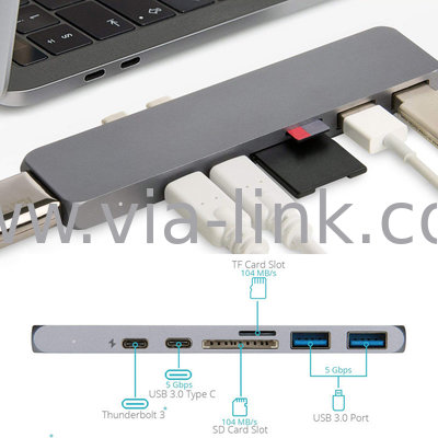 USB C Hub for New MacBook Pro 2016, 2017, 2018, 13" & 15" only, Thunderbolt 3 Aluminum Dual USB Type C 2-port USB C 3.0