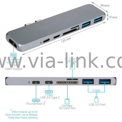 USB C Hub for New MacBook Pro 2016, 2017, 2018, 13" & 15" only, Thunderbolt 3 Aluminum Dual USB Type C 2-port USB C 3.0