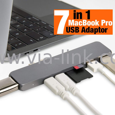 Aluminum 7-in-1 USB Type C Hub Adapter Dongle 100W Power Delivery,Compatible for 2016 2017 2018 MacBook Pro 13" 15"