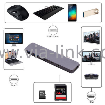 7in1 USB-C Hub Dual Adapter Multiport Card Reader 4K  Type-C For MacBook Pro Dual USB-C PD 3.0 Type-C SD Thunder