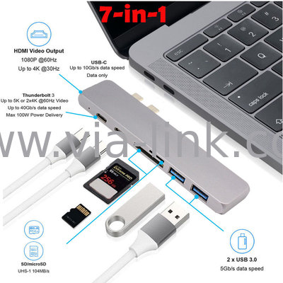7in1 USB-C Hub Dual Adapter Multiport Card Reader 4K  Type-C For MacBook Pro Dual USB-C PD 3.0 Type-C SD Thunder