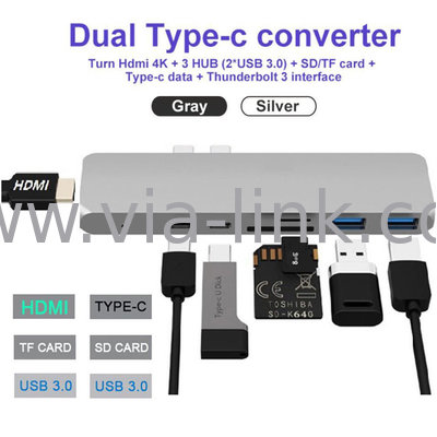 7-in-1 USB C Hub for MacBook Pro PC w USB-C Port USB-C 40Mbps100W Power Delivery USBC 5Gbps Data 4K  TF/SD card read