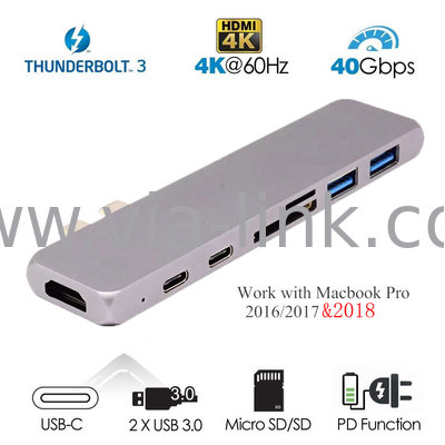 Type-C DUO Adapter 50Gbps for MacBook Pro 2017/2016 13" 15",7in1 USB-C 100W Power Delivery,USBC 5Gbps Data hub adapter