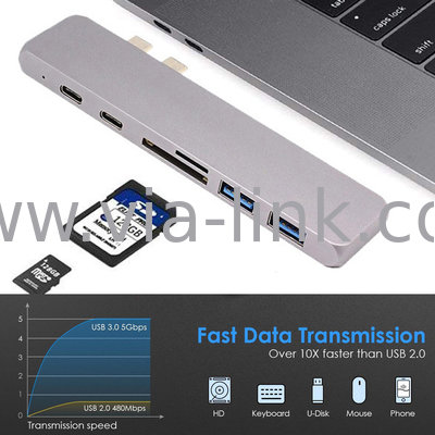 Type-C DUO Adapter 50Gbps for MacBook Pro 2017/2016 13" 15",7in1 USB-C 100W Power Delivery,USBC 5Gbps Data hub adapter
